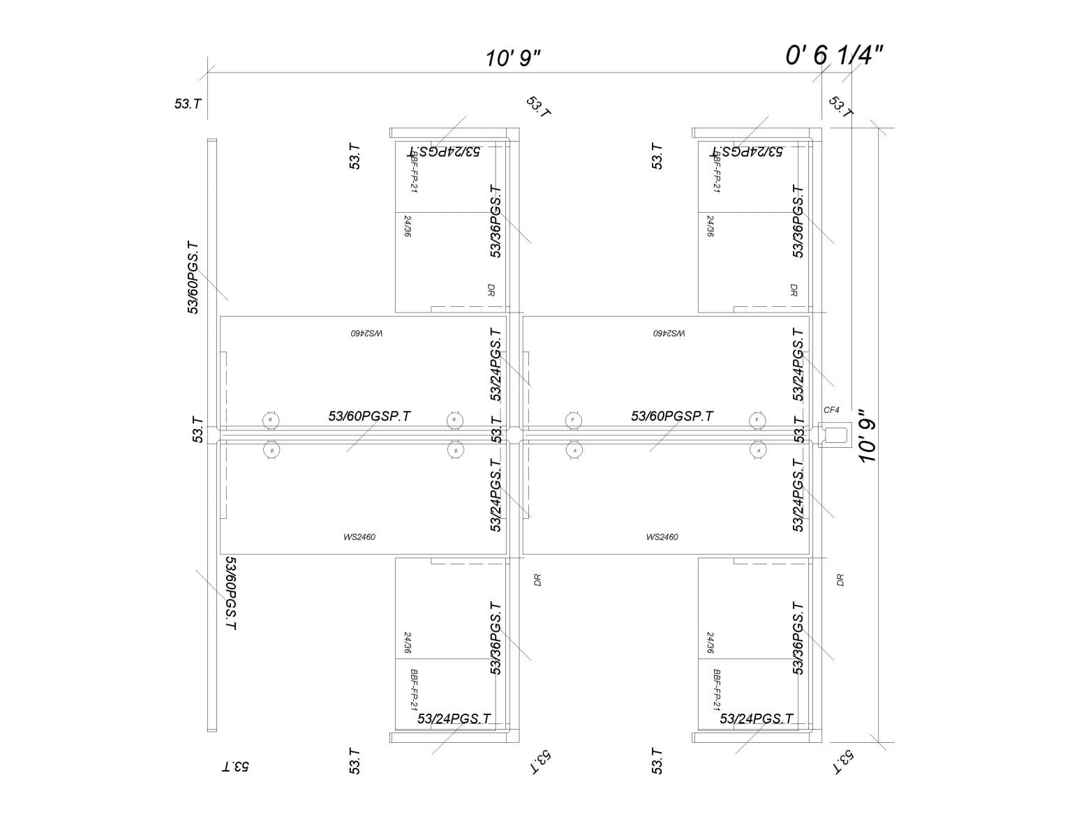53″ Tall 5’x 5′ Pod Of 4 Office Cubicles With Glass